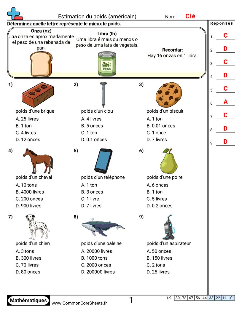 Free Fiches d'Exercices sur les Poids | Common Core Sheets