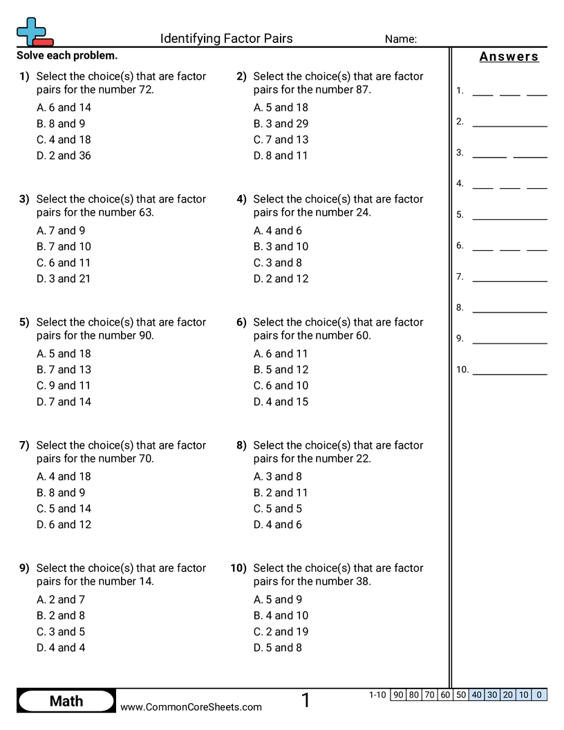 Identifying Factor Pairs Worksheet Download