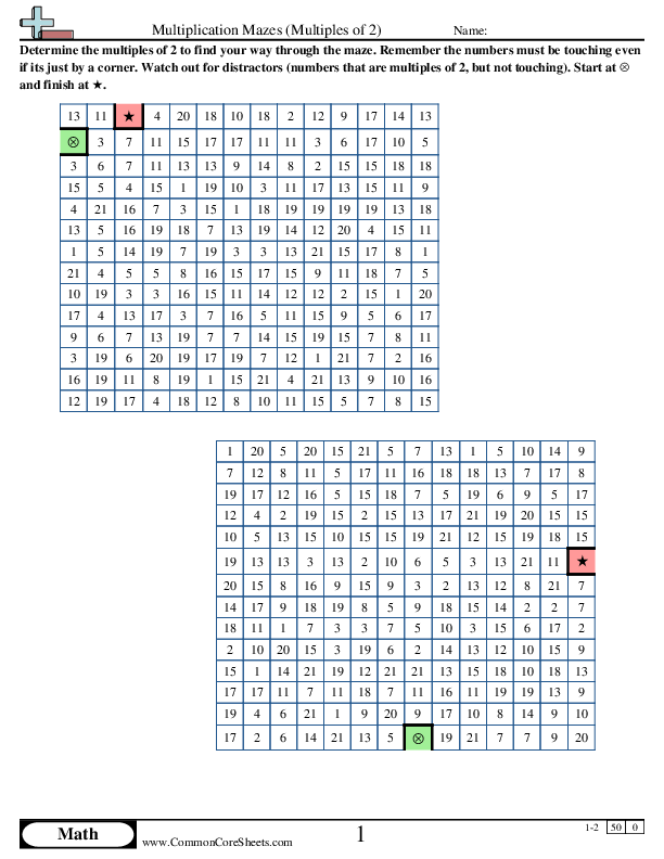 Multiplication Mazes (Multiples of 2) Worksheet Download