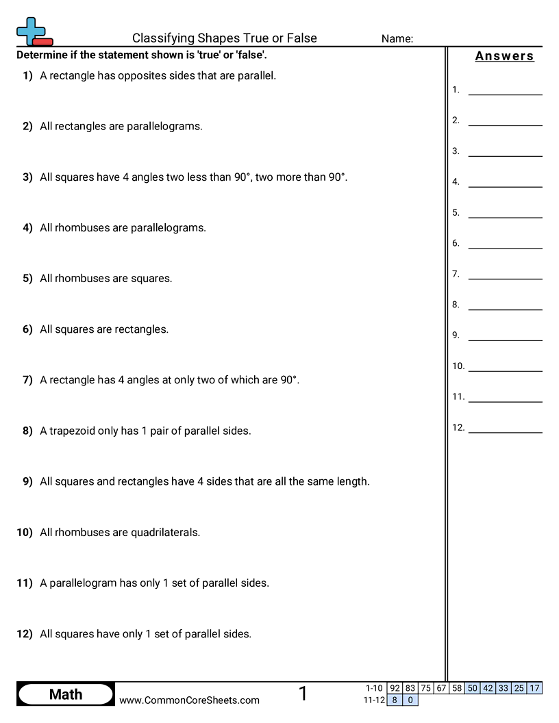 Classifying Shapes True Or False Worksheet Download